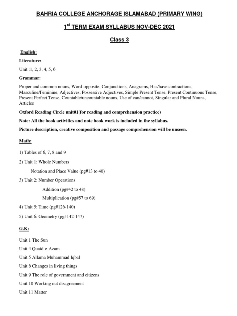 1st Term Exam Syllabus 2021 Class 3 | PDF