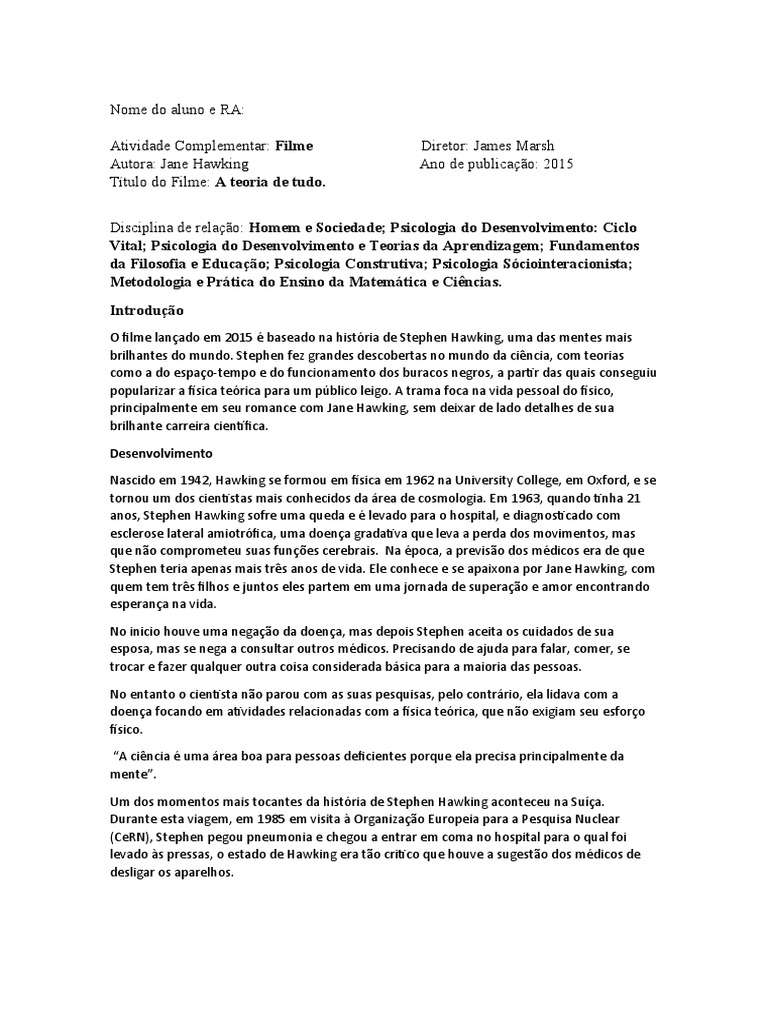 Hora Complementar Pedagogia Unip Atividade Cultura (Filme A Teoria de ...