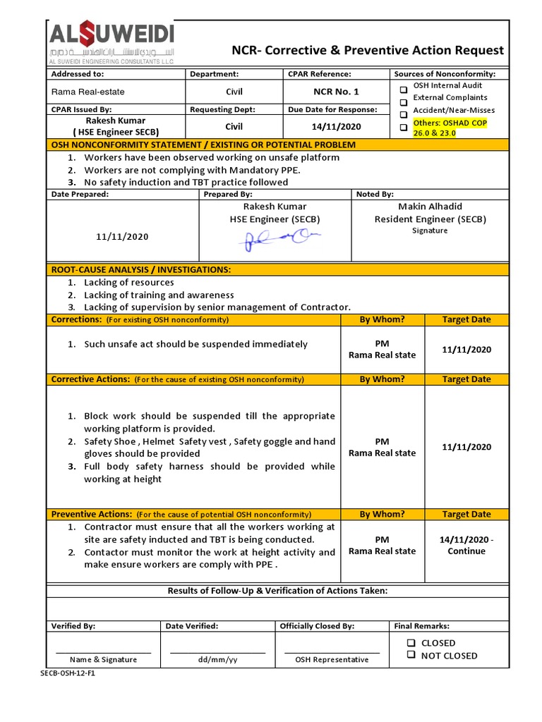NCR-Corrective & Preventive Action Request | PDF | Business | Safety