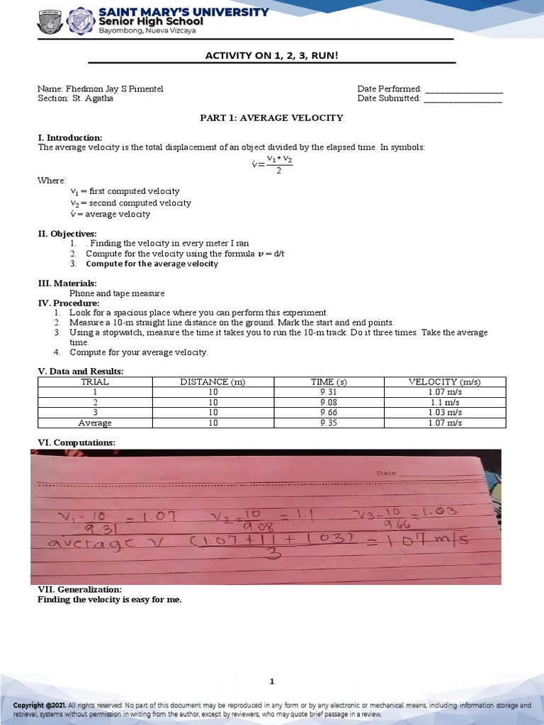 Activity On 1, 2, 3, Run!: Part 1: Average Velocity | PDF | Velocity ...