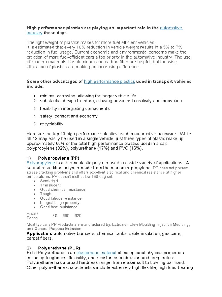 High Performance Plastics | PDF | Thermoplastic | Plastic