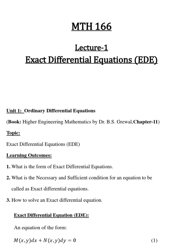 Lecture 1 Exact Differential Equations | PDF | Equations | Differential ...