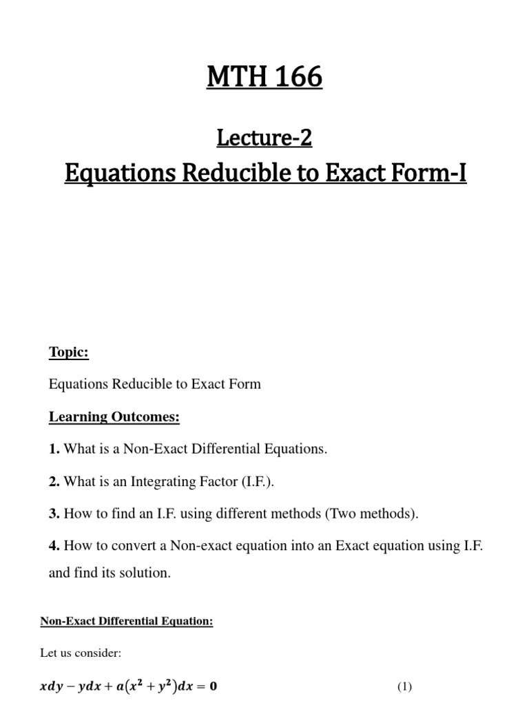 Lecture 2-Equations Reducible To Exact Form-I | PDF | Equations ...