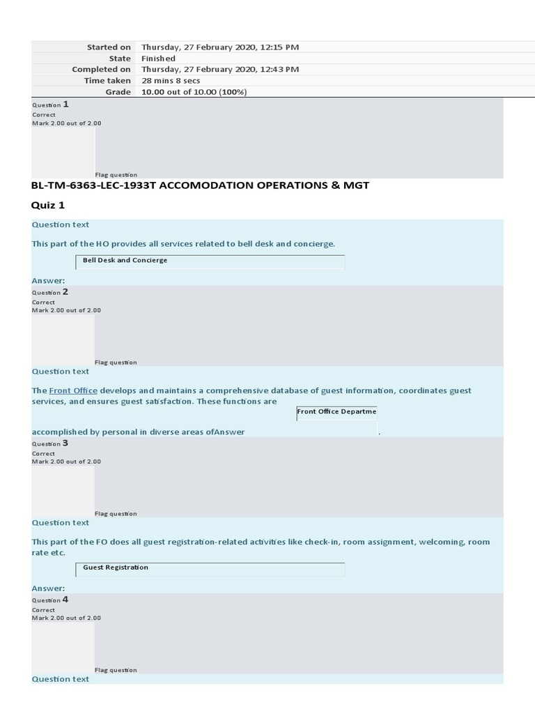 Bl-Tm-6363-Lec-1933T Accomodation Operations & MGT Quiz 1 | PDF | Communication