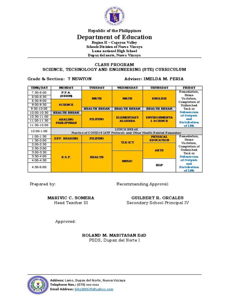 Class Program Grade 7 | PDF