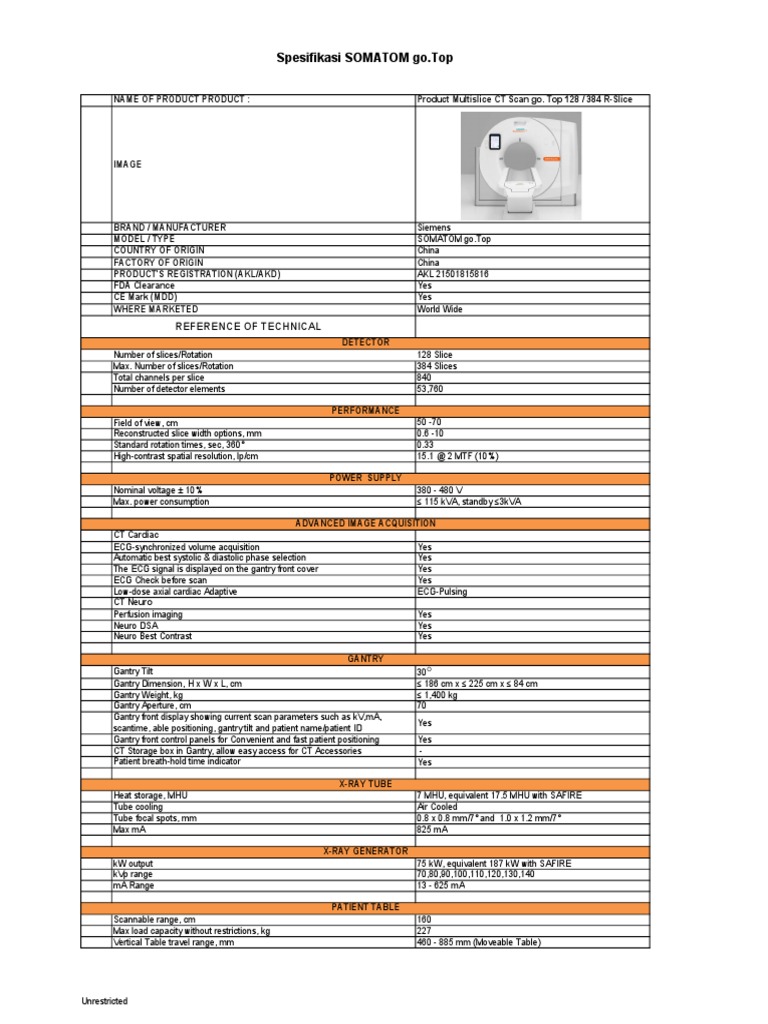 Siemens SOMATOM go.Top 128-Slice CT Scanner Specs | PDF | Ct Scan ...