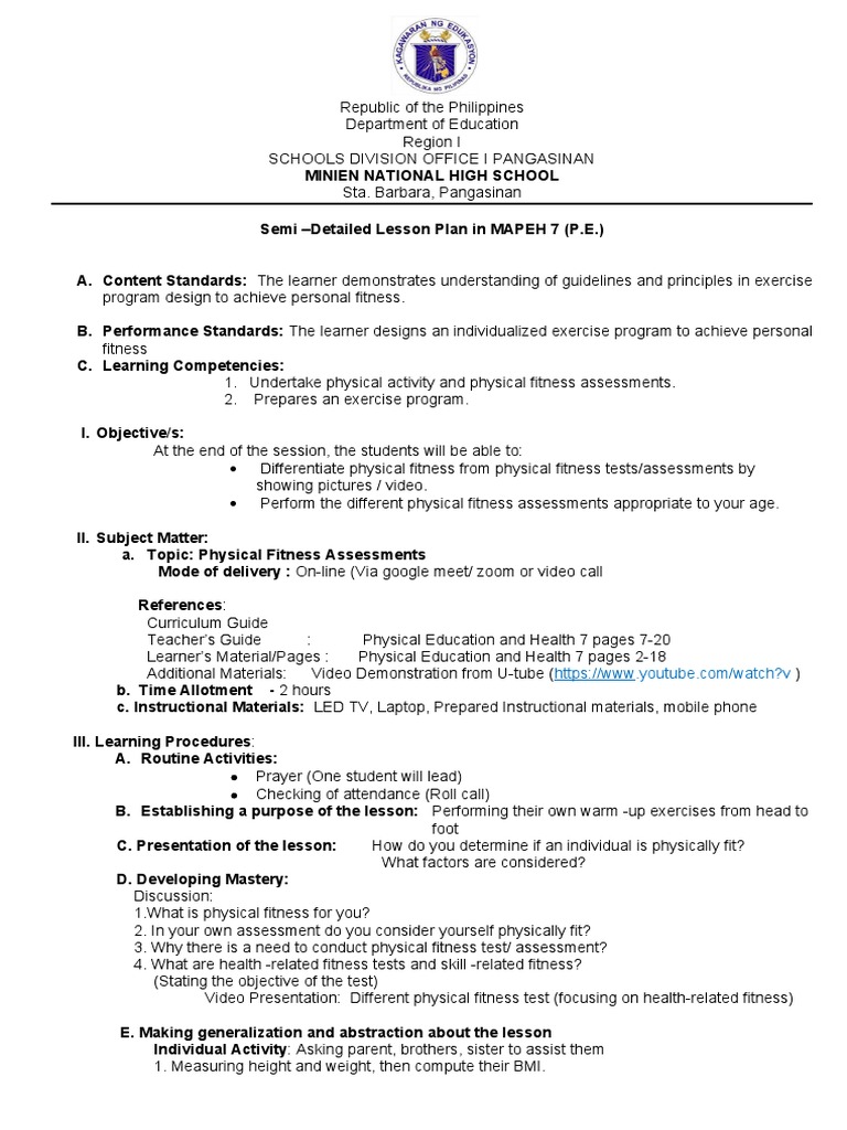 Semi Detailed Lesson Plan MAPEH | PDF | Educational Assessment ...