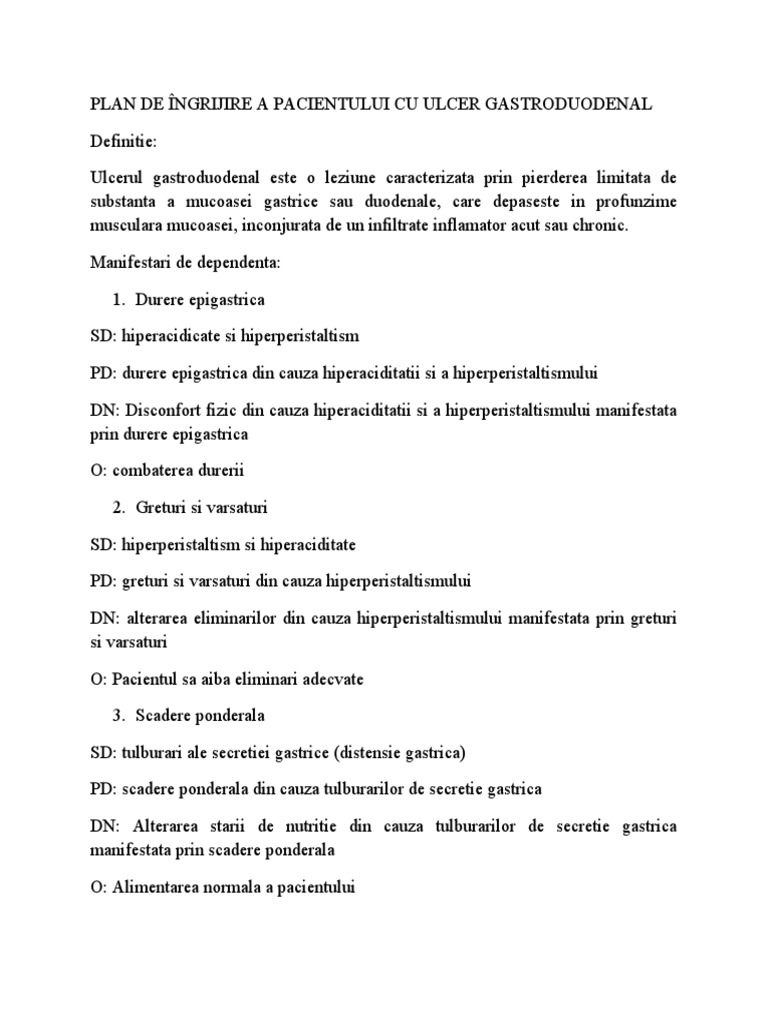 Plan de Îngrijire A Pacientului Cu Ulcer Gastroduodenal | PDF