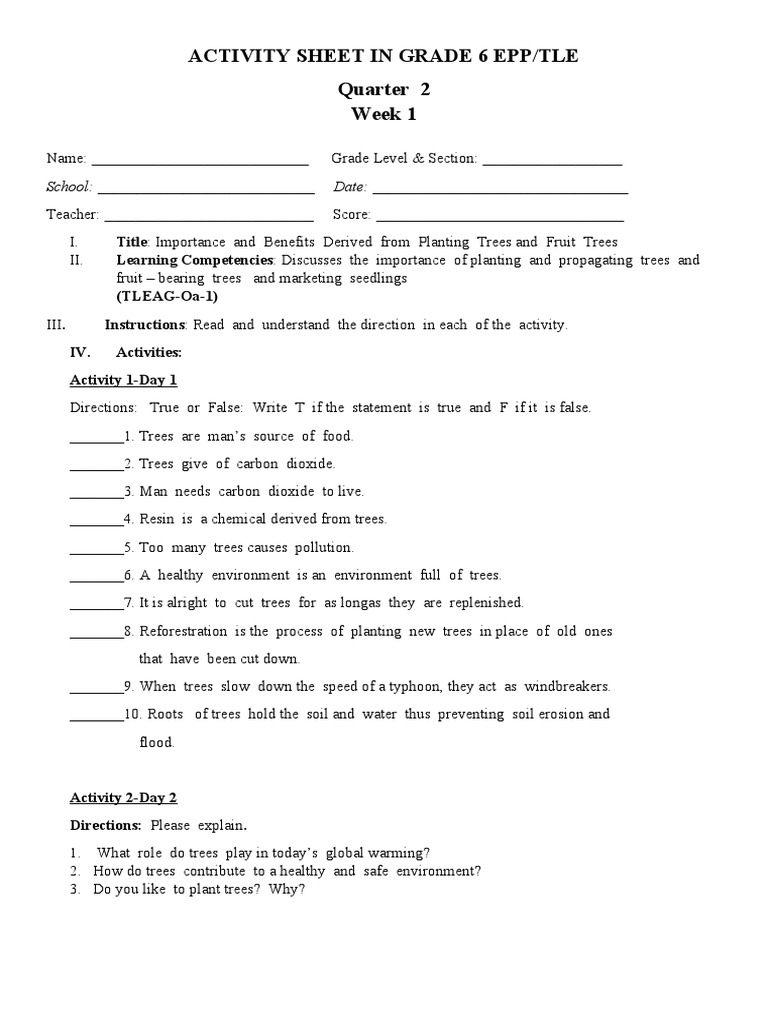 Activity Sheet in Grade 6 Epp | PDF