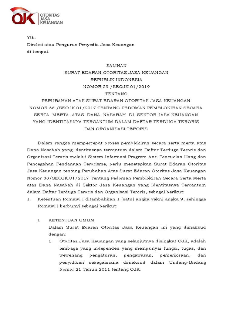 SEOJK 29 Tahun 2019 DTTOT Perubahan | PDF