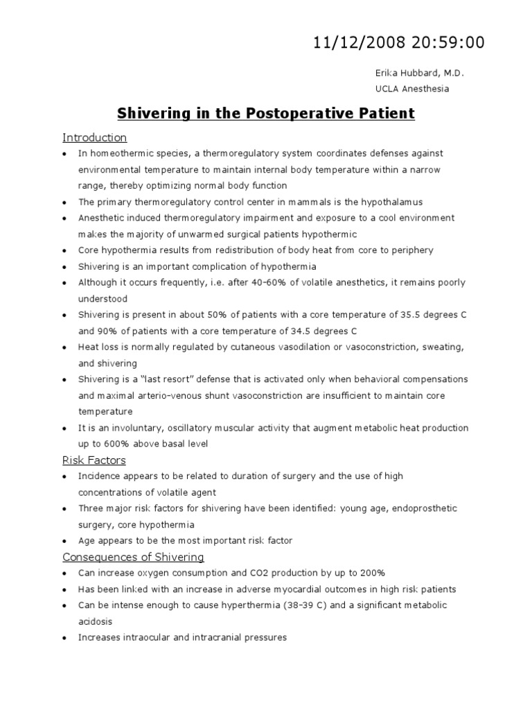 Shivering in The Postoperative Patient | PDF | Hypothermia ...
