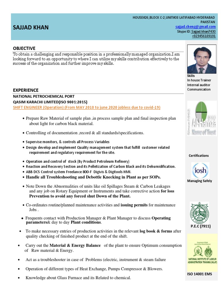 Sajjad Khan CV | PDF | Oil Refinery | Engineering