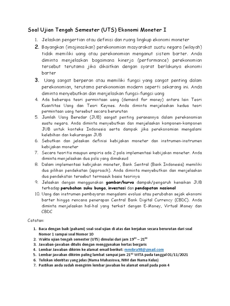 Soal Uts Ekonomi Moneter I | PDF | Pengelolaan Keuangan & Uang