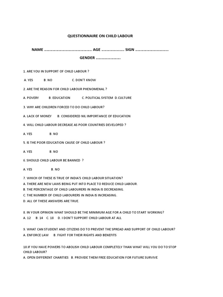 Questionnaire On Child Labour | PDF | Child Labour | World Health ...