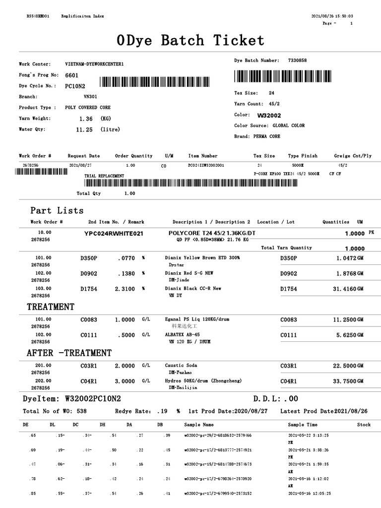 Dye Batch Ticket 0: Part Lists | PDF | Textiles | Materials