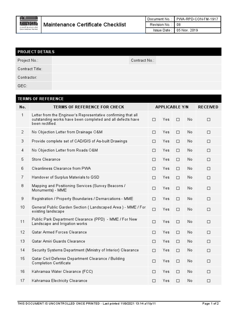 PWA-RPD-CON-FM-1917 Maintenance Certificate Checklist R08 | PDF