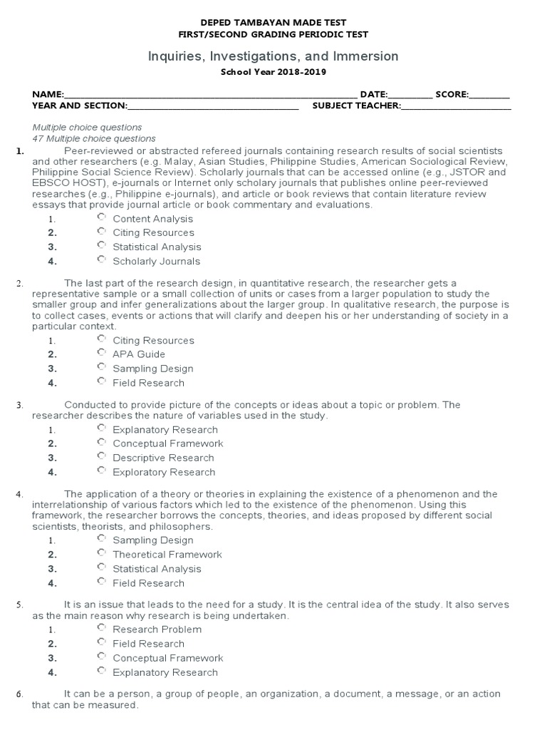 Inquiries, Investigations, and Immersion: Multiple Choice Questions 47 ...