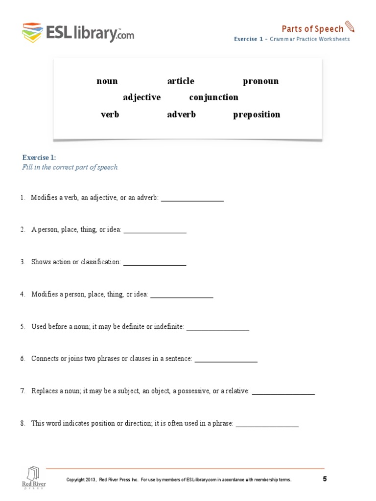 Noun Article Pronoun Adjective Conjunction Verb Adverb Preposition ...