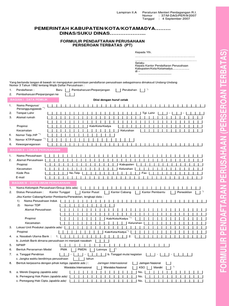 Formulir Pendaftaran Perusahaan PT | PDF