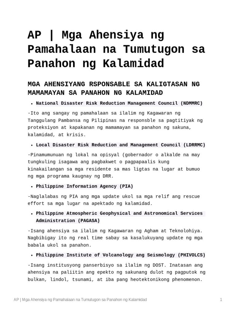 AP Mga Ahensiya NG Pamahalaan Na Tumutugon Sa Panahon NG Kalamidad | PDF