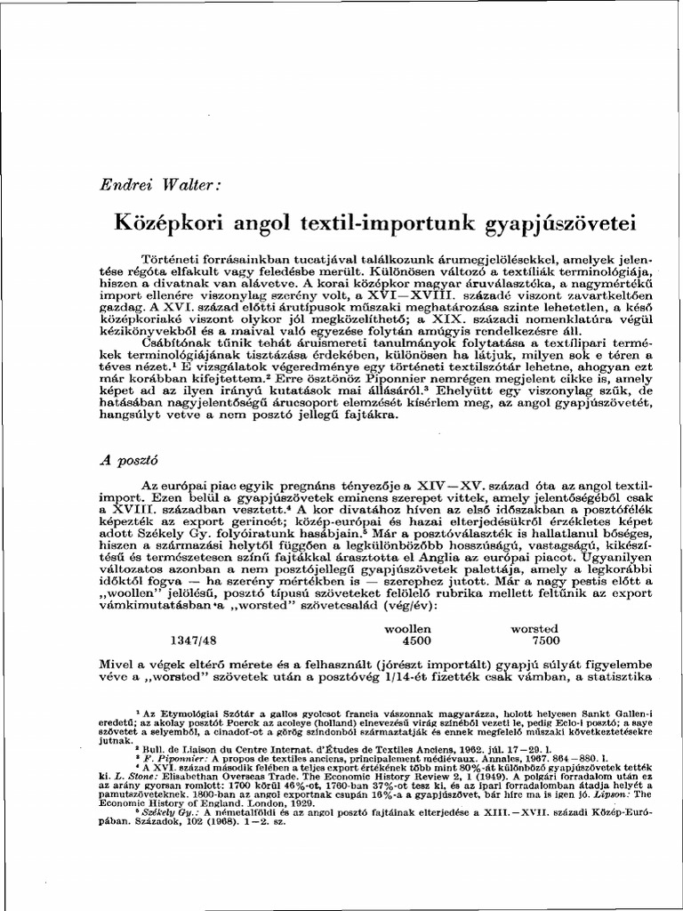 Endrei Walter, Középkori Angol Textil-Importunk Gyapjúszövetei | PDF