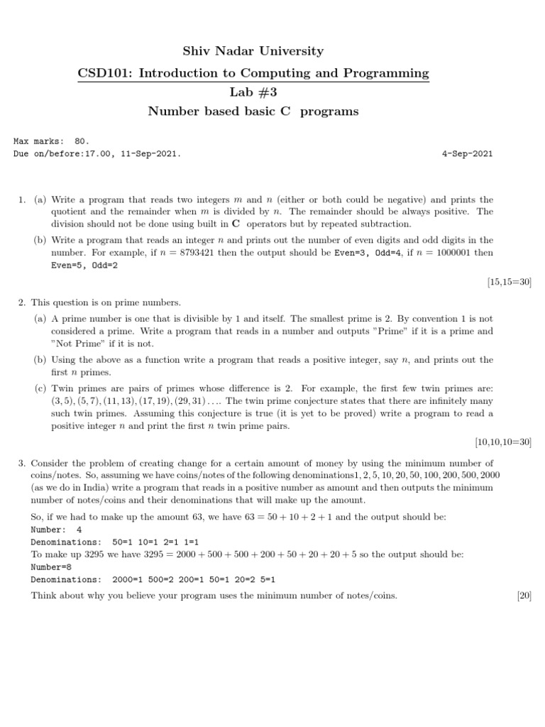 Shiv Nadar University CSD101: Introduction To Computing and Programming ...