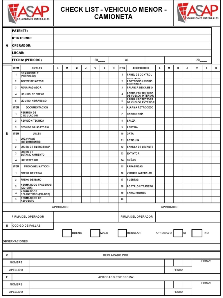 Check List de Inspección Vehicular | PDF | Neumático | Vehículo de motor