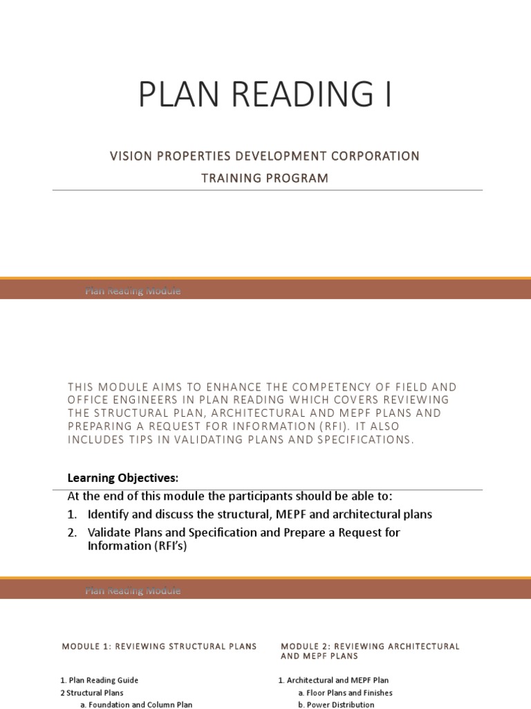 Plan Reading I: Vision Properties Development Corporation Training ...