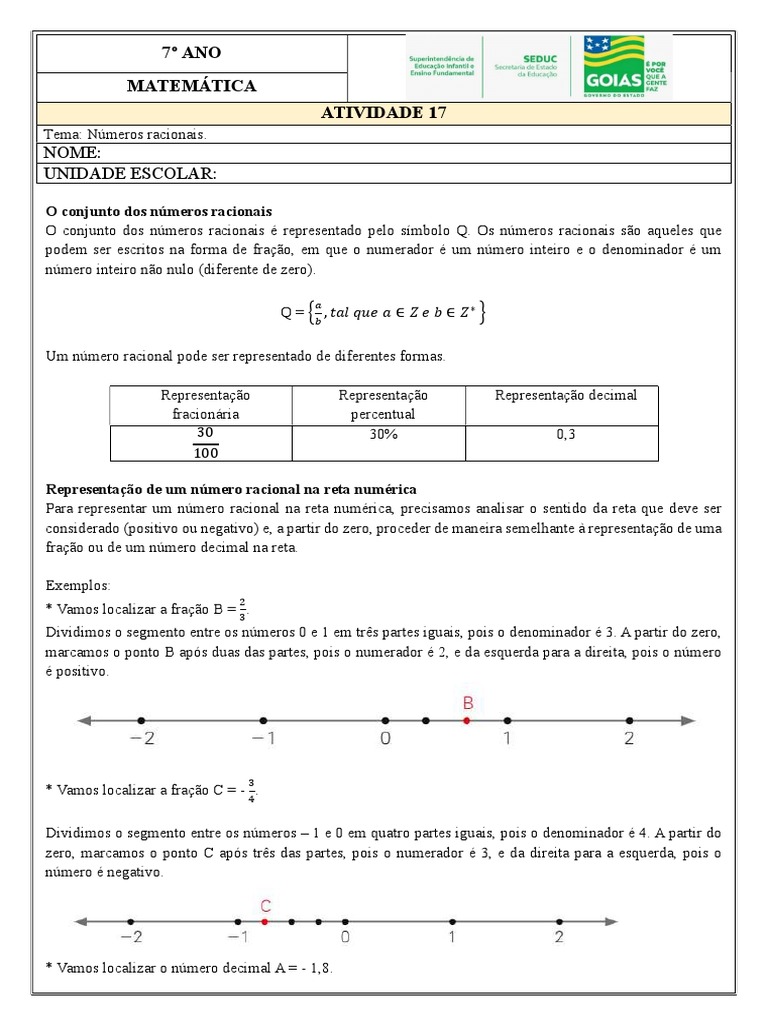 Atividade 17 7o MAT Numeros Racionais | PDF | Número racional | Números Atividade 17 7o MAT Numeros Racionais | PDF | Número racional | Números