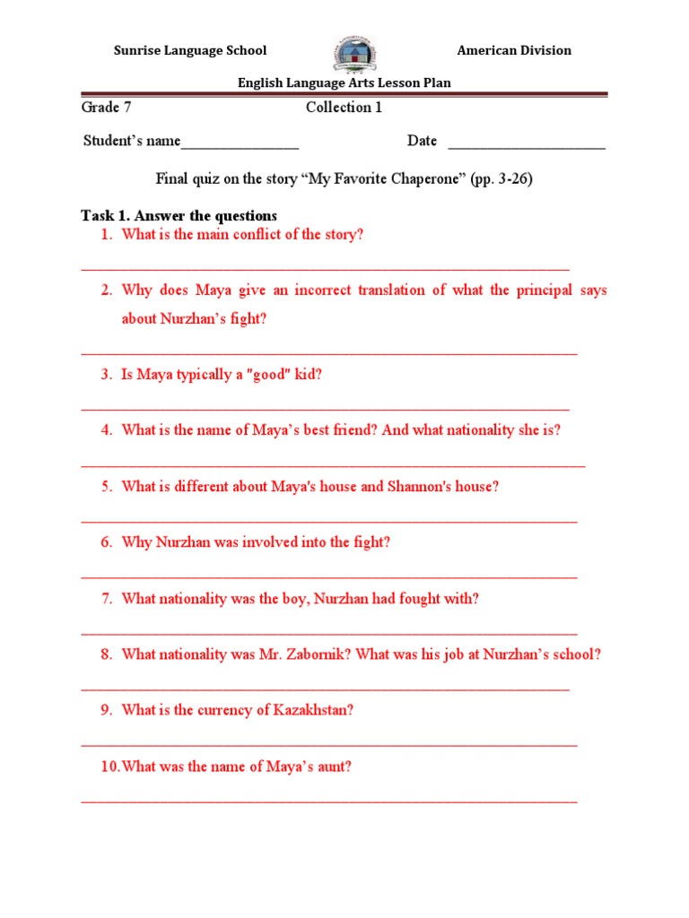 Grade 7 Collection 1 Student's Name - Date - Final Quiz On The Story ...
