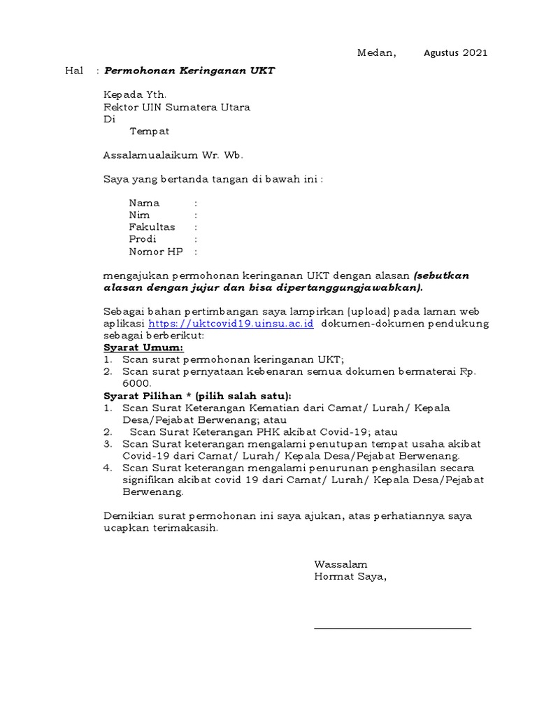 A. Surat Permohonan Keringanan UKT-1 | PDF | Pengelolaan Keuangan & Uang