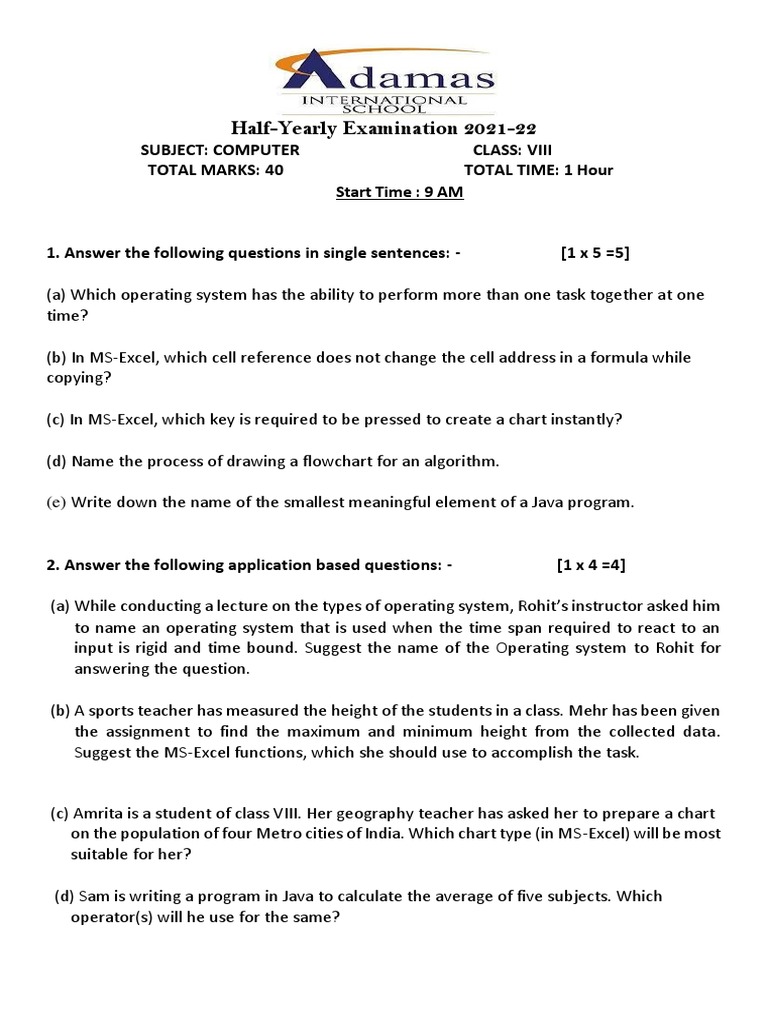 Computer Half-Yearly Exam 2021-22 | PDF | Data Type | Integer (Computer ...