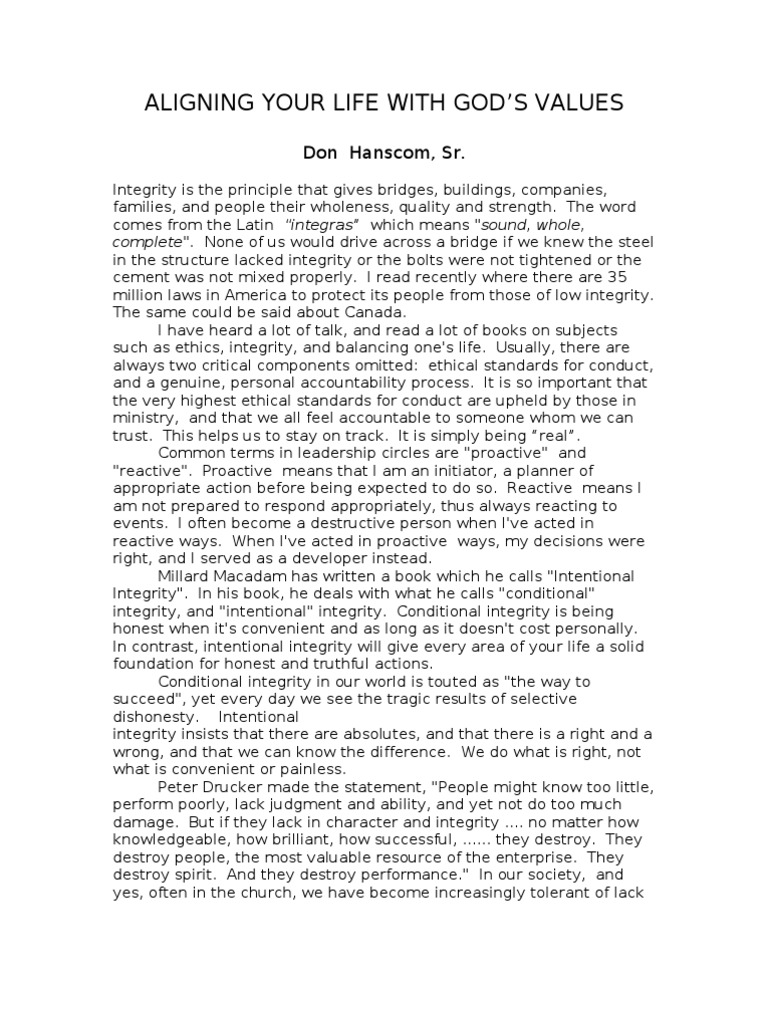 Aligning Your Life With Gods Values | PDF | Integrity | Leadership
