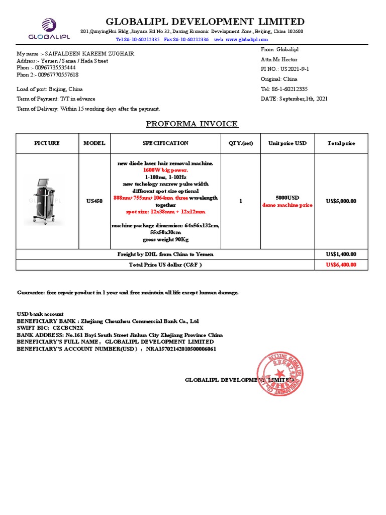 Globalipl Development Limited Proforma Invoice for Diode Laser Hair ...