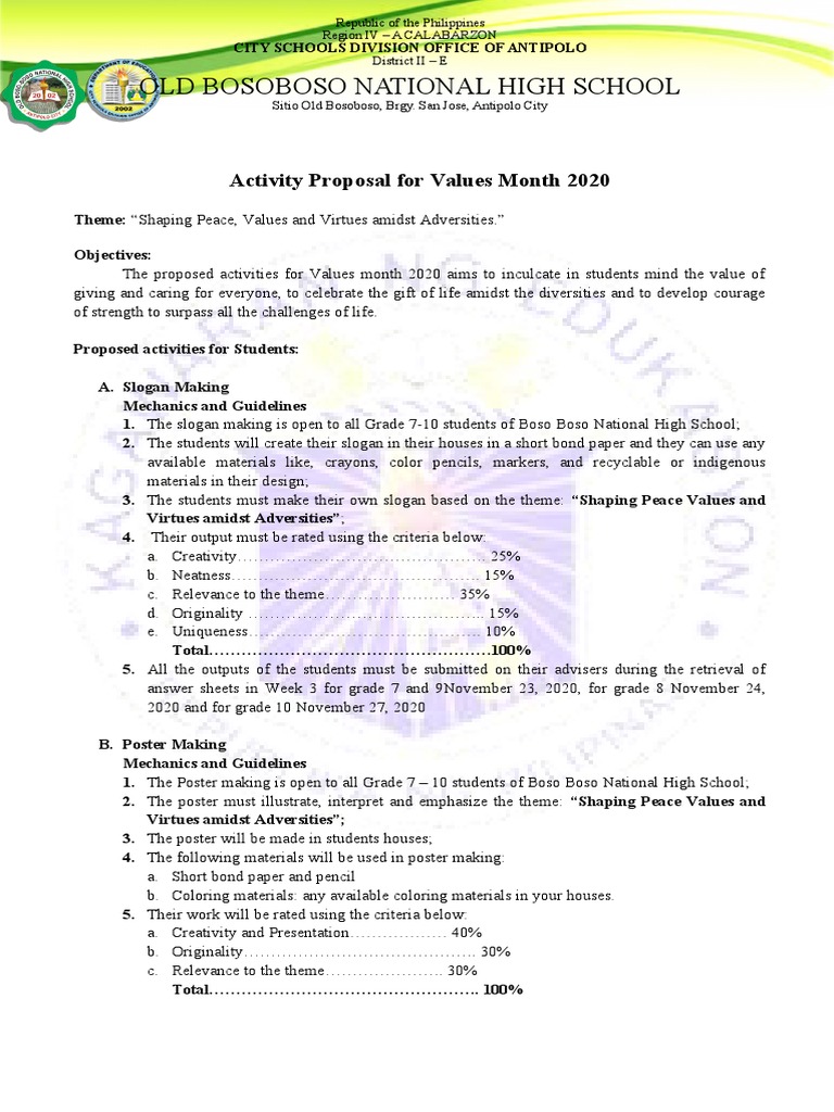 Activity Proposal For Values Month 2020 | PDF