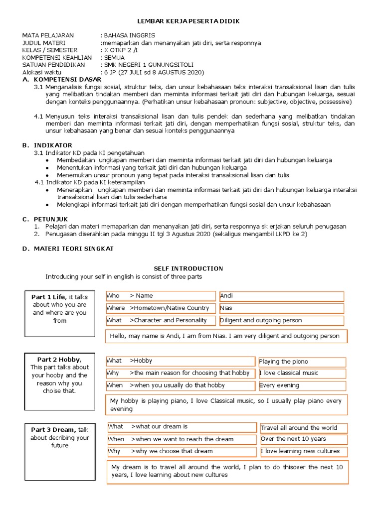 LKPD B.inggris Kls X Otkp 2-KD 3.1-Meeting 1 - Self Introduction | PDF