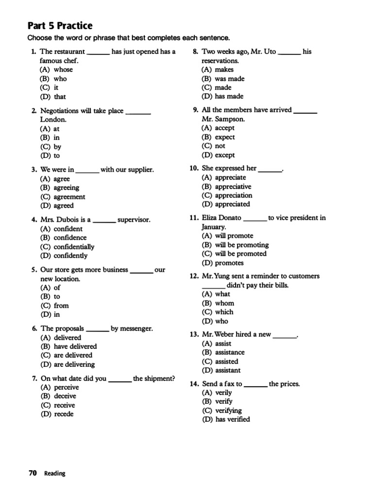 Part 5 Practice: Choose The Word or Phrase That Best Completes Each ...