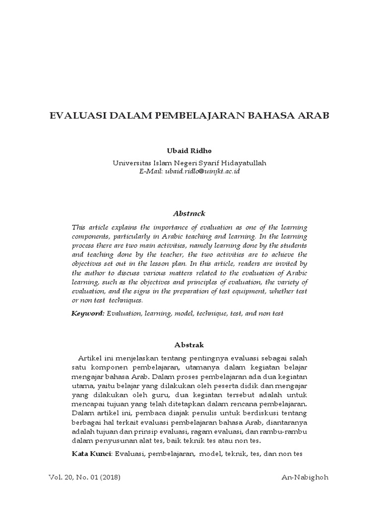 Evaluasi Dalam Pembelajaran Bahasa Arab: Ubaid Ridho | PDF