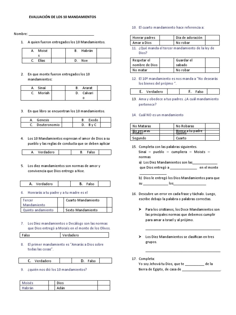 Evaluación de Los 10 Mandamientos | PDF | Diez Mandamientos | Gente de ...