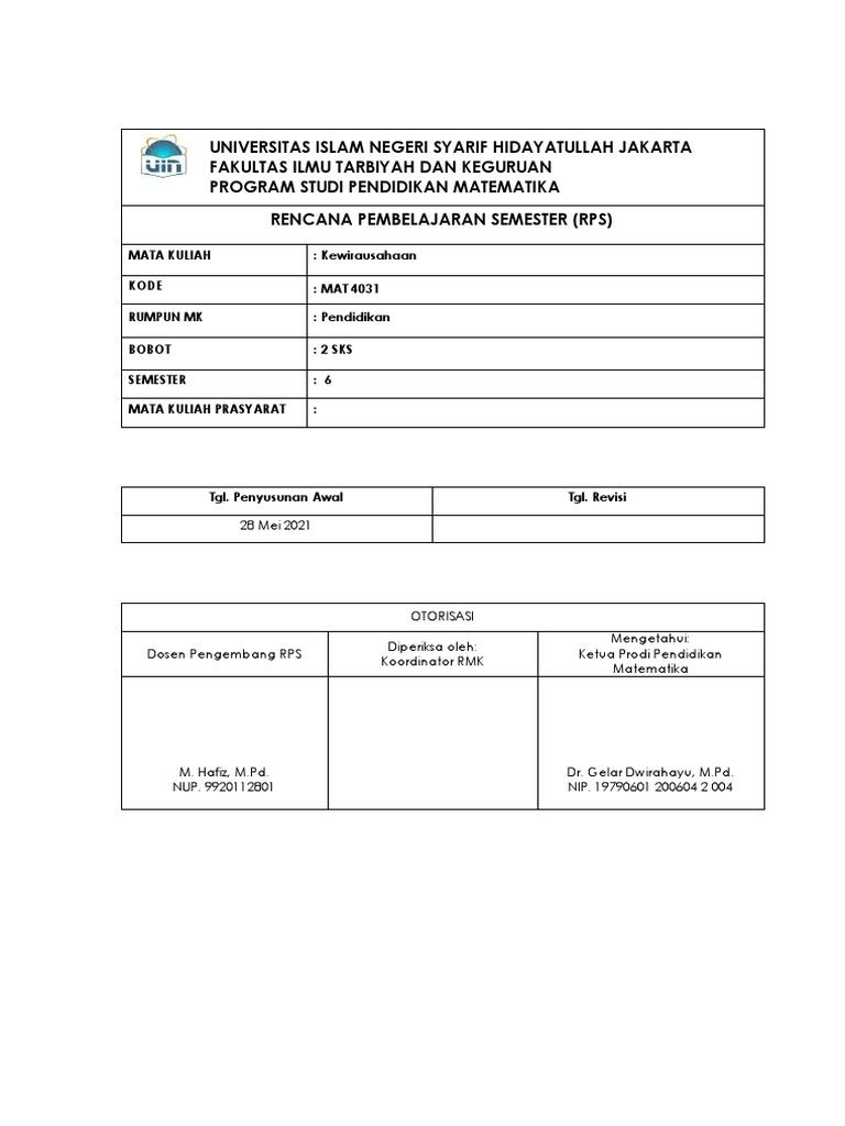 RPS MBKM Kewirausahaan Dalam Pendidikan Matematika-Ganjil 2021 - 2022 | PDF
