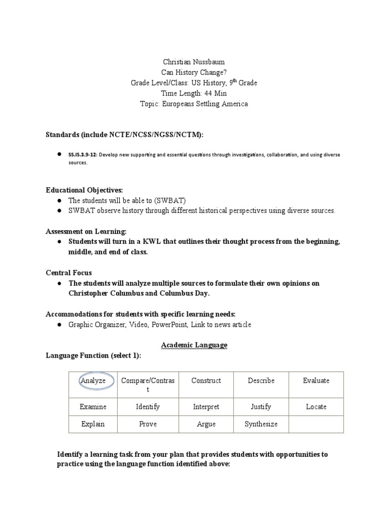 Lesson Plan Columbus | PDF | Educational Assessment | Lesson Plan
