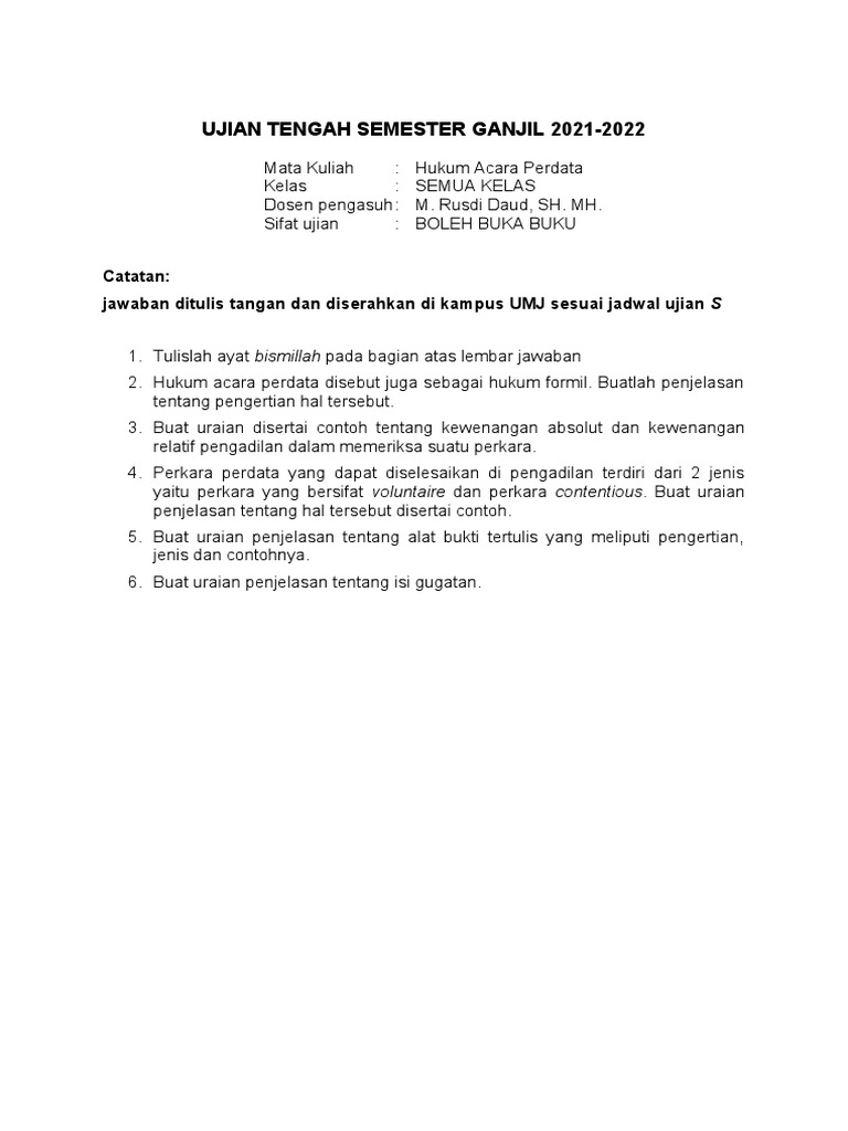 Soal UTS Hukum Acara Perdata | PDF