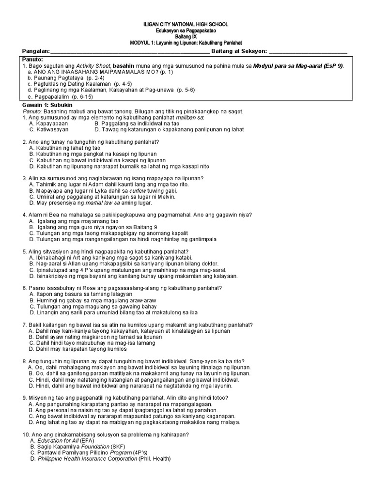 EsP9 Q1 Activity Sheet Modyul 1 | PDF
