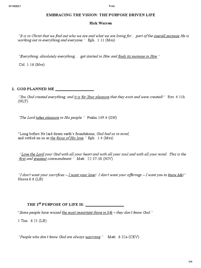 Day 7 Embracing The Vision - The Purpose Driven Life | PDF | Christian ...