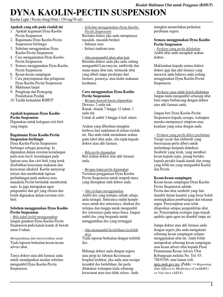 Dyna Kaolin Pectin Suspension Kaolin Light Pectin Dynapharm M SDN BHD ...