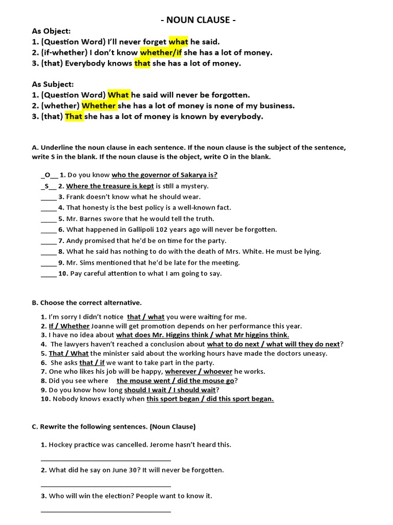 Noun Clauses Exercises Pdf | Noun Clauses: Definition, Examples ...