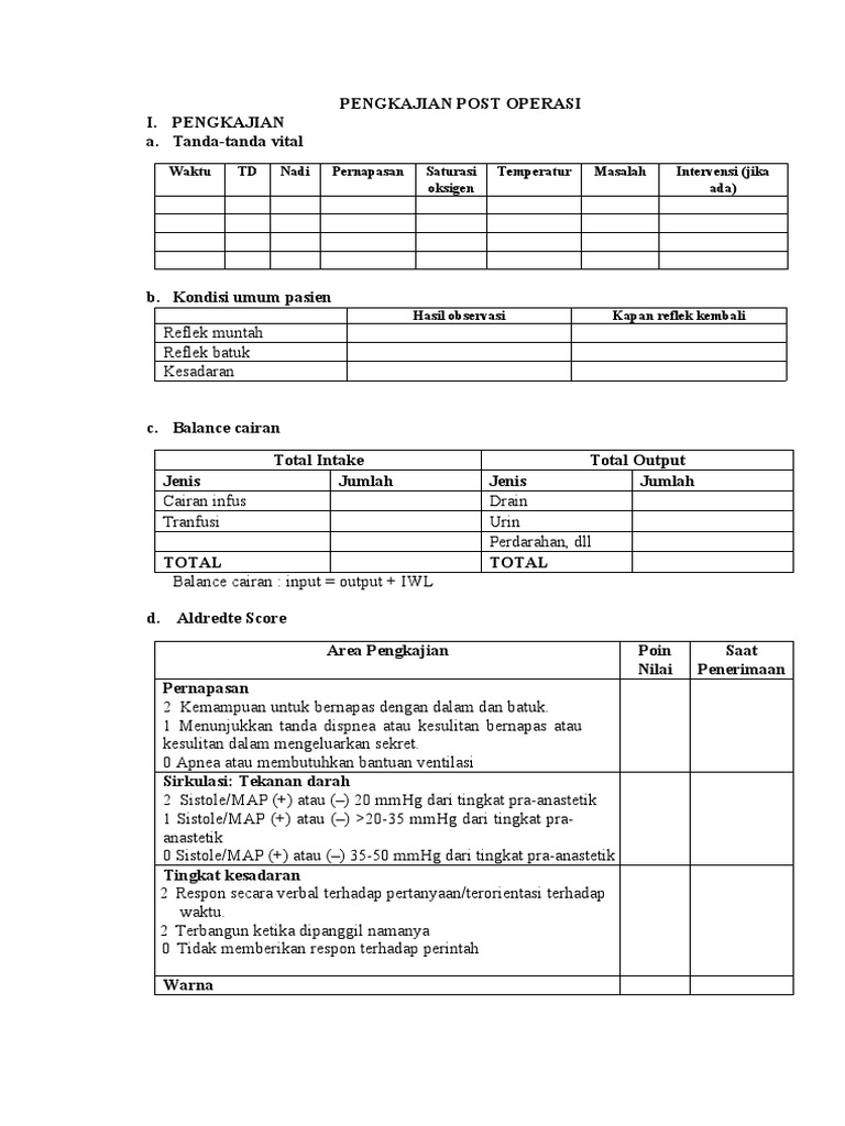 Format Pengkajian Post Operasi | PDF