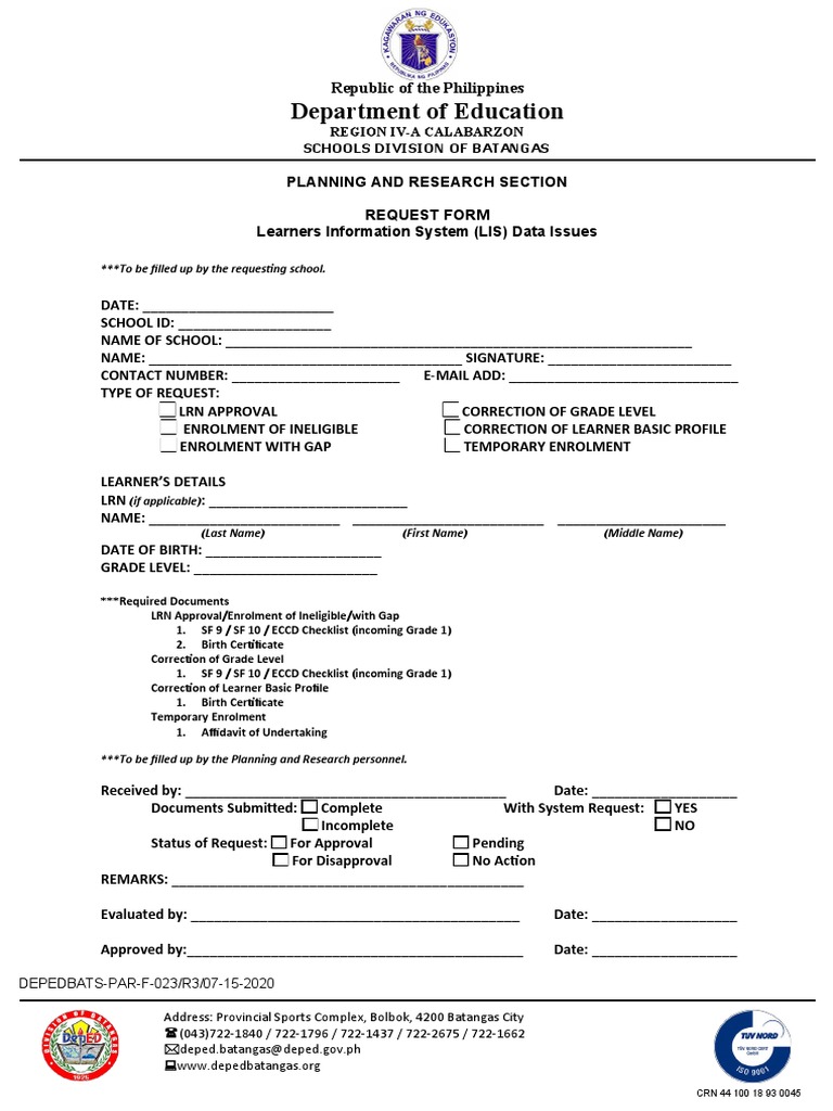 LIS Data Request Form for Schools | PDF