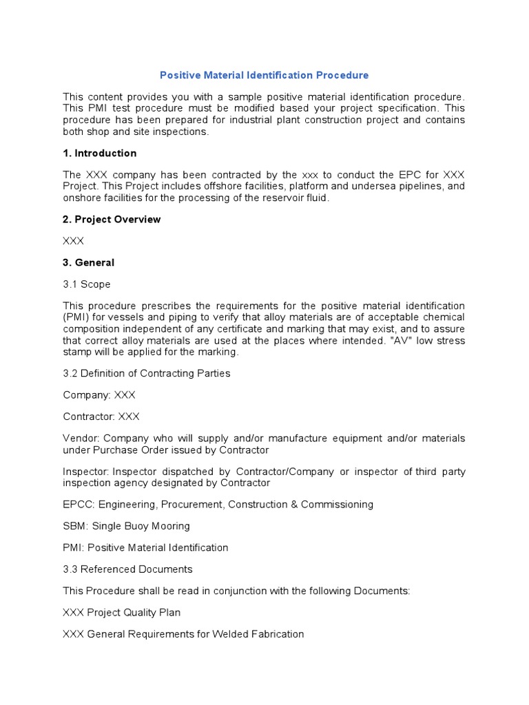 Positive Material Identification Procedure | PDF | Pipe (Fluid ...