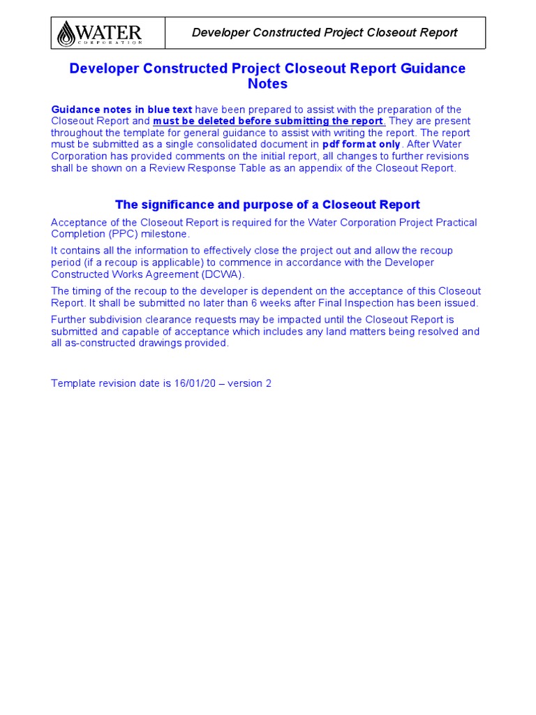 Developer Constructed Project Closeout Report Guidance Notes | PDF ...